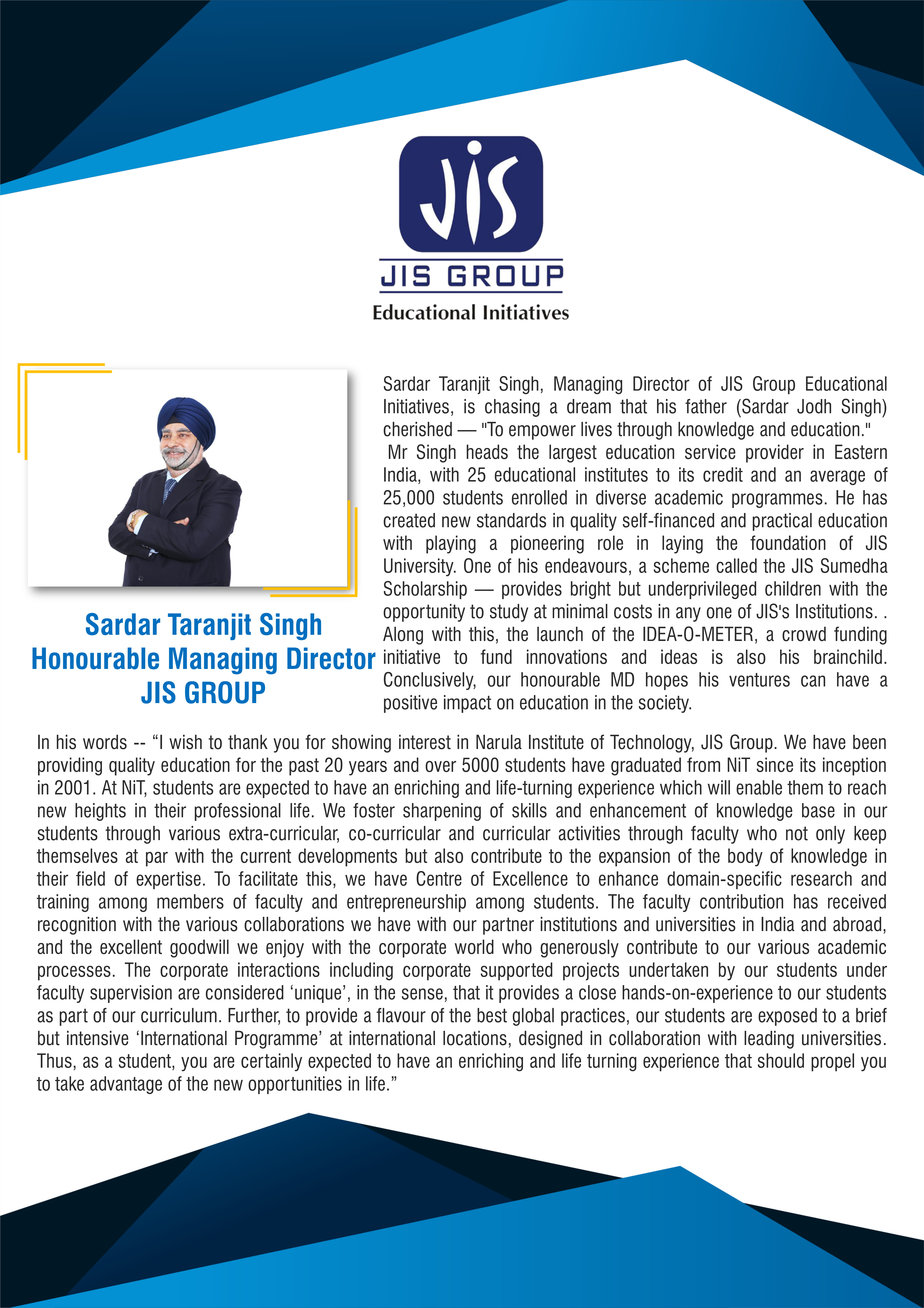 Narula Institute of Technology | Managing Director's Message